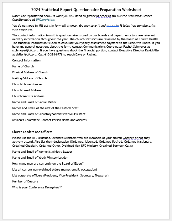 Statistical Report – The Bible Fellowship Church